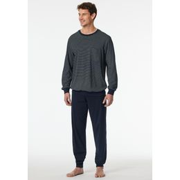 Schlafanzug Schiesser "Comfort Essentials", Herren, Gr. 48, blau (804, nachtblau), Single Jersey, Obermaterial: 100% Baumwolle, gestreift, unifarben, regular fit lang, Rundhals, Homewear-Sets Schlafanzug, mit gestreiftem Oberteil