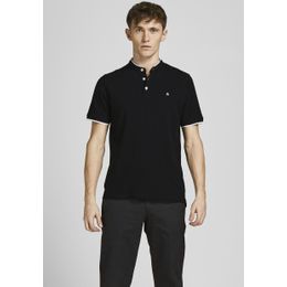 Jack & Jones Kurzarmshirt JACK & JONES "PAULOS MAO POLO", Herren, Gr. XS, schwarz, Piqu&eacute;, Obermaterial: 100% Baumwolle, unifarben, schmal h&uuml;ftbedeckend, Rundhals, B&uuml;ndchen, Shirts Kurzarmshirt, mit kontrastfarbiger Kante am schmalen Stehkragen und am &Auml;rmelsaum