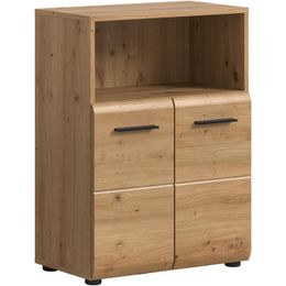 Stauraumschrank Welltime "FLORENZ, TOPSELLER, Breite 60 cm, 2 T&uuml;ren, 1 Fachboden, 1 offene Fach", artisan oak nb, B:60cm H:80cm T:30cm, FSC-zertifizierter Holzwerkstoff, MDF, Schr&auml;nke, Stauraumschrank, hochwertige MDF Front, Griff schwarz, Badschrank, Bad