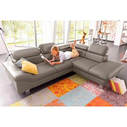 Ecksofa COTTA "Driver L-Form", grau (stein), B:268cm H:73cm T:214cm, Kunstleder SOFTLUX;LEDER BEEFY (ein abgedecktes Spalt-Rindsleder) im Sitz und R&uuml;cken (Korpus in Kunstleder);Luxus-Kunstleder;Leder Pampas (echtes Rindsleder) im Sitz und R&uuml;cken (R&uuml;ckseite mit Spannstoff bezogen), Sofas, Ecksofa, mit Kopfteilverstellung, wahlweise mit Bettfunktion & Bettkasten