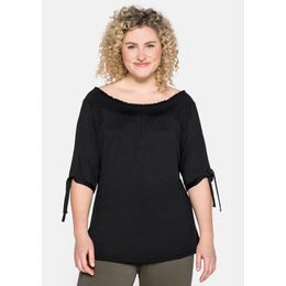 Carmenshirt sheego "T-Shirt", Damen, Gr. 48/50, schwarz, 95% Viskose, 5% Elasthan, unifarben, Carmenausschnitt, Shirts Carmenshirt