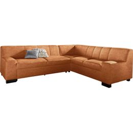 Ecksofa DOMO collection "Norma, moderne Armlehnen, zeitlos und elegant, Breite 247cm, L-Form", orange (terrakotta), B:247cm H:74cm T:212cm, Microfaser PRIMABELLE (100% Polyester);Kunstleder SOFTLUX;Struktur (90% Polyester, 10% Polyacryl);NaturLEDER (echtes Rindsleder), Sofas, Ecksofa, wahlweise mit Bettfunktion