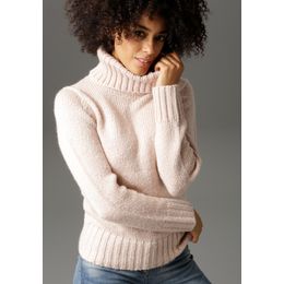 Rollkragenpullover Aniston CASUAL, Damen, Gr. 42, rosa (altrosa), Grobstrick, Obermaterial: 100% Polyacryl, unifarben, figurbetont h&uuml;ftbedeckend, breiter Bund, Pullover Rollkragenpullover