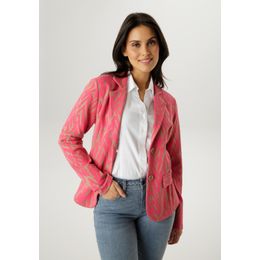 Kurzblazer Aniston SELECTED, Damen, Gr. 46, rosa (beige, koralle), Jersey, Obermaterial: 67% Polyester, 31% Viskose, 2% Elasthan, gemustert, figurbetont h&uuml;ftlang, Blazer Kurzblazer, in trendy Jacquard-Qualit&auml;t - NEUE KOLLEKTION