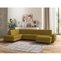 Wohnlandschaft DOMO collection "Capelo, komfortabel, klare Linien zeichnen dieses Design aus, U-Form", gelb (senf), B:348cm H:84cm T:204cm, 49% Polyester, 34% Viskose, 9% Leinen, 8% Polyacryl, Sofas, Wohnlandschaft, mit Armteilverstellung, wahlweise mit Bettfunktion, Federkern