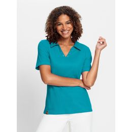 Poloshirt Casual Looks "Poloshirt", Damen, Gr. 50, blau (t&uuml;rkis), 95% Baumwolle, 5% Elasthan, unifarben, V-Ausschnitt, Shirts Poloshirt