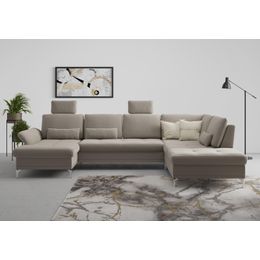 Wohnlandschaft Home Affaire "Palm Beach U-Form", braun (latte), B:347cm H:89cm T:224cm, 100%Polyester, Sofas, Wohnlandschaft, Federkern, mit Sitztiefenverstellung, wahlweise mit Bettfunktion