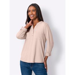Langarmshirt Heine "Shirtbluse", Damen, Gr. 34, beige (puder), 95% Viskose, 5% Elasthan, unifarben, Rundhals, Shirts Langarmshirt