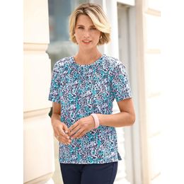 Kurzarmshirt Classic Basics "Shirt", Damen, Gr. 42, blau (wei&szlig;, t&uuml;rkis, bedruckt), 50% Baumwolle, 50% Modal, gebl&uuml;mt, gemustert, mehrfarbig, Rundhals, Shirts Kurzarmshirt