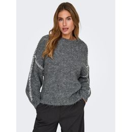 Jacqueline de Yong Rundhalspullover JDY "JDYZOEY LIFE L/S ON STITCH PULL KNT NOOS", Damen, Gr. XS, dunkelgrau melange detail:with birch stitch, Strick, Obermaterial: 70% Polyester, 21% Nylon, 8% Wolle, 1% Elasthan, unifarben mit Farbeinsatz, oversize h&uuml;ftlang, Rundhals, Strickb&uuml;ndchen, Pullover Rundhalspullover, mit dekorativen Ziern&auml;hten