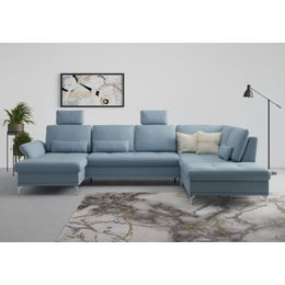 Wohnlandschaft Home Affaire "Palm Beach U-Form", blau (hellblau), B:347cm H:89cm T:224cm, 98%Polyester, 2%Polyamid, Sofas, Wohnlandschaft, Federkern, mit Sitztiefenverstellung, wahlweise mit Bettfunktion