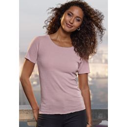 Rundhalsshirt Lascana "mit feiner Glitzereinfassung", Damen, Gr. 48/50, rosa, Feinstrick, Obermaterial: 62% Polyester (REPREVE), 34% Viskose, 4% Elasthan, Glanzfaden, unifarben, bequem, tiefer Rundhals, Shirts Rundhalsshirt, aus weichem Viskose-Feinstrick, Topseller