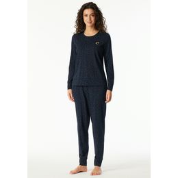 Schlafanzug Schiesser "Family", Damen, Gr. 46, blau (nachtblau), Single Jersey, Obermaterial: 100% Baumwolle, bequem lang, Rundhals, Homewear-Sets Schlafanzug, Langarm, Baumwolle, Rundhalsausschnitt