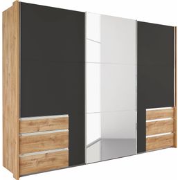 Schwebet&uuml;renschrank wimex "Level by fresh to go", grau (plankeneichefarben, graphit), B:300cm H:236cm T:65cm, Schr&auml;nke, Schwebet&uuml;renschrank, jeweils mit einer Spiegelt&uuml;r