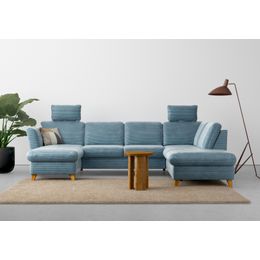 Wohnlandschaft Home Affaire "Trelleborg U-Form", blau (blau, grau), B:307cm H:86cm T:213cm, 100% Polyester, Sofas, Wohnlandschaft, wahlweise mit Bettfunktion und Bettkasten, inkl. Federkern-Polsterung