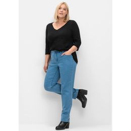 Stretch-Jeans sheego, Damen, Gr. 44, Normalgr&ouml;&szlig;en, blau (blau denim), 71% Baumwolle, 27% Polyester, 2% Elasthan, unifarben, lang, Jeans Stretch-Jeans