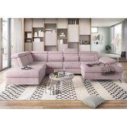 Sit & More Wohnlandschaft SIT & MORE "Cabrio U-Form, B: 359 cm, mit Sitztiefen-, Arm- & Kopfteilverstellung", rosa (rose), B:359cm H:87cm T:230cm, 100% Polyester, Sofas, Wohnlandschaft, 3 Nierenkissen, Federkern, optional Bettfunktion und Stauraum