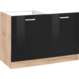 Sp&uuml;lenschrank KOCHSTATION "KS-Tinnum", schwarz, B:120cm H:82cm T:60cm, Holzwerkstoff, Schr&auml;nke, Sp&uuml;lenschrank, 120 cm breit, MDF-Fronten, Metallgriffe, inklusive Einbausp&uuml;le