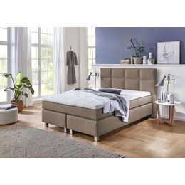 Boxspringbett, beige (schwarz, beige), B:155cm L:210cm, Bezug Bett: Feinstruktur 100% Polyester;Bezug Bonnell-Federkernmatratze: 100% Polyester;Bezug Kaltschaummatratze: 100% Polyester;Bezug Tonnentaschenfederkernmatratze: 80% Baumwolle, 20%Polyester;Topper: Komfortschaum mit Bezug 100% Polyester, Westfalia Schlafkomfort, Komplettbetten, Boxspringbett, mit Topper