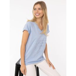 Kurzarmshirt Zwillingsherz "Positive Mind", Damen, Gr. S/M, blau (hellblau), Web, Obermaterial: 95% Baumwolle, 5% Elasthan, bedruckt, unifarben, oversize Po-bedeckend, V-Ausschnitt, Shirts Kurzarmshirt, V-Ausschnitt, Kurzarm, hinten etwas l&auml;nger, Baumwollmischung