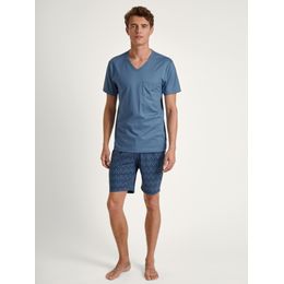 Shorty Calida "Relax Imprint 2", Herren, Gr. S (46/48), blau (coronet blau), Single Jersey, Obermaterial: 100% Baumwolle, gemustert, unifarben, bequem kurz, V-Ausschnitt, Homewear-Sets Shorty, mit aufgesetzter Brusttasche