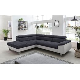 Ecksofa COTTA "Komaris L-Form, B: 249 cm", grau (argent, schwarz), B:249cm H:72cm T:100cm, Microfaser PRIMABELLE (100% Polyester);Kunstleder SOFTLUX;Feinstruktur (100% Polyester);Kunstleder SOFTLUX/Struktur (100% Polyester);NaturLEDER, Sofas, Ecksofa, mit Kopfteilverstellung, optional Bettfunktion, Bettkasten & Licht