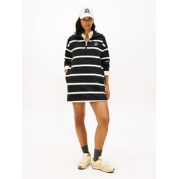 Minikleid Tommy Hilfiger "TH SCRIPT 1/2 ZIP TERRY DRESS", Damen, Gr. XXL (44), N-Gr, schwarz, calico stp, Jersey, Obermaterial: 83% Baumwolle, 13% Polyester, 4% Elasthan, gestreift, Kleider Minikleid