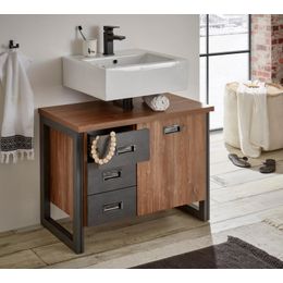 Waschbeckenunterschrank Home Affaire "Detroit, Waschtisch mit Apothekergriff, Badschrank im Industrialdesign", gelb (eiche honigfarben dekor, schiefer, nachbildung), B:81cm H:62cm T:40cm, FSC-zertifizierter Holzwerkstoff, Schr&auml;nke, Waschbeckenunterschrank, Eiche Dekor, mit Schubladen & Stauraum, Breite 81 cm