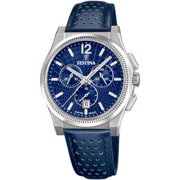 Chronograph Festina "Riv&eacute; Collection", blau (blau, blau), Armbanduhren, Herren, Chronograph, Quarzuhr, Armbanduhr, Herrenuhr, Swiss Made, Lederarmband, analog, Tag