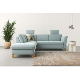Ecksofa Home Affaire "Trelleborg L-Form", blau (aqua), B:252cm H:86cm T:213cm, 100% Polyester, Sofas, Ecksofa, Federkern-Polsterung, wahlweise mit Bettfunktion und Stauraum