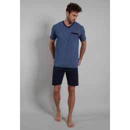 G&ouml;tzburg Shorty G&Ouml;TZBURG "Manhattan", Herren, Gr. 58 (XXXL), blau (blau, dunkel, uni), Single Jersey, Obermaterial: 100% Baumwolle, bedruckt, gemustert, bequem kniefrei, V-Ausschnitt, Homewear-Sets Shorty, Kurzarm, V-Ausschnitt, kurze Hose, Baumwolle, weich