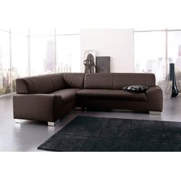 Ecksofa DOMO collection "Alisson, zeitlose Optik, flache Armlehnen, L-Form", braun, B:249cm H:75cm T:181cm, Microfaser aus 100% Polyester;Softlux, das pflegeleichte Kunstleder aus 80% PVC, 18% Polyester und 2% Polyurethan;Strukturstoff aus 90% Polyester und 10% Polyacryl, Sofas, Ecksofa, fester Sitzkomfort, wahlweise mit Bettfunktion