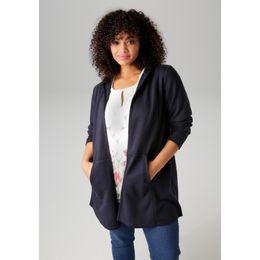 Sweatjacke ANISTON PLUS, Damen, Gr. 54, blau (marine), Sweatware, Obermaterial: 86% Polyester, 14% Baumwolle, unifarben, figurumspielend ca. Mitte Oberschenkel, Sweatjacken Sweatjacke, mit Kapuze
