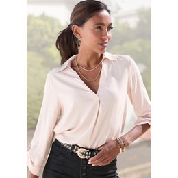 Schlupfbluse Lascana, Damen, Gr. 42, beige (champagner), Web, Obermaterial: 100% Viskose, unifarben, figurumspielend h&uuml;ftlang, V-Ausschnitt, mit Riegel gerader Abschluss, Blusen Schlupfbluse, mit 3/4-&Auml;rmeln, elegante Damenbluse, Topseller
