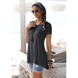T-Shirt Lascana, Damen, Gr. 44/46, schwarz, Jersey, Obermaterial: 100% Viskose, figurumspielend Po-bedeckend, Rundhals, Shirts T-Shirt, mit verl&auml;ngertem R&uuml;ckenteil, Kurzarmshirt, Longshirt, Basic, Topseller
