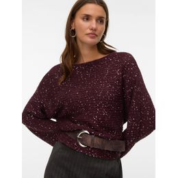 V&eacute;ro Moda Strickpullover VERO MODA "VMLEILANI STITCH LS BOATNECK PULLOVER", Damen, Gr. XS, winetasting detail:with silber seq, Strick, Obermaterial: 68% Polyester, 32% Polyacryl, Glitzermuster, regular fit normal, U-Boot-Ausschnitt, Pullover Strickpullover