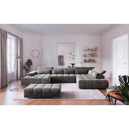 Wohnlandschaft COTTA "Orion U-Form", anthrazit, B:409cm H:73cm T:225cm, 100% Polyester, Sofas, Wohnlandschaft, mit Kopfteilverstellung & 6 Nierenkissen