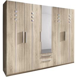Kleiderschrank Priess, braun (struktureichefarben hell), B:231cm H:193cm T:54cm, Holzwerkstoff, Schr&auml;nke, Kleiderschrank, 1-bis 5-t&uuml;rig, mit silberfarbigen Applikationen