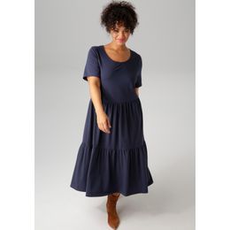 Sommerkleid ANISTON PLUS, Damen, Gr. 46, N-Gr, blau (marine), Single Jersey, Obermaterial: 95% Baumwolle, 5% Elasthan, unifarben, figurumspielend wadenlang, Rundhals, Kleider Sommerkleid, aus elastischer Jersey-Qualit&auml;t