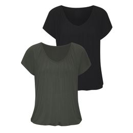 Kurzarmshirt Lascana, Damen, Gr. 32/34, gr&uuml;n (graugr&uuml;n, schwarz), Jersey, Obermaterial: 95% Viskose (LENZING&trade; ECOVERO&trade;), 5% Elasthan, unifarben, Basic, figurumspielend normal, V-Ausschnitt, angeschnitten, Shirts Kurzarmshirt, mit Gummizug am Bund