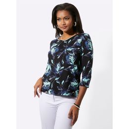 Print-Shirt Lady "Druck-Shirt", Damen, Gr. 36, blau (schwarz, aquamarin, bedruckt), 95% Viskose, 5% Elasthan, gebl&uuml;mt, gemustert, mehrfarbig, Rundhals, Shirts Print-Shirt