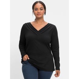 Langarmshirt sheego by Joe Browns "Langarmshirt", Damen, Gr. 52/54, schwarz, 95% Baumwolle, 5% Elasthan, unifarben, V-Ausschnitt, Shirts Langarmshirt