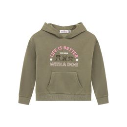 Hoodie Zwillingsherz "Dog Life", M&auml;dchen, Gr. 122/128, khaki, Sweatware, Obermaterial: 80% Polyester, 20% Baumwolle, Sweatshirts Hoodie, Mini-Me,mit gestickten Hunden und Slogan