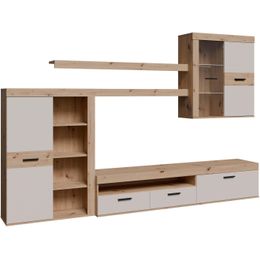 Wohnwand FORTE, beige (artisan eiche, sand), B:300cm, Dekorfolie, Glas, Holzwerkstoff, Kastenm&ouml;bel-Sets, Wohnwand, B/H/T 300/22,9/41 cm