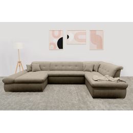 Wohnlandschaft DOMO collection "Moric U-Form, auch in Cord, Breite 353cm, viel Platz", braun (schlamm), B:353cm H:80cm T:95cm, 100% Polyester, Sofas, Wohnlandschaft, im XXL-Format, wahlweise mit Bettfunktion und Armlehnenverstellung