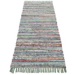 Teppich CarpetFine "Kelim Chindi, Wendeteppich", gr&uuml;n, B:75cm H:6mm L:200cm, Baumwolle, Polyester, Teppiche, Teppich, handgewebt, Fleckerlteppich mit Fransen, auch vielen in L&auml;ufergr&ouml;&szlig;en