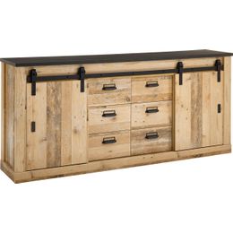 Sideboard Home Affaire "SHERWOOD", braun (old style hell dekor), B:201cm H:91cm T:43cm, Sideboards, Sideboard, modernes Holz Dekor, mit Scheunentorbeschlag aus Metall, Breite 201 cm