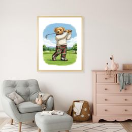 Bild mit Rahmen queence "Vintage Teddy B&auml;r in Golf Club", farbe rahmen: beige, farbe bild(er): blau, B:50cm H:70cm T:1,5cm, Acrylglas, Holzrahmen, Bilder, Bild mit Rahmen, HD Premium Poster-Druck inkl. Echtholzrahmen in beige