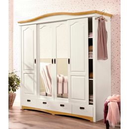 Schiebet&uuml;renschrank OTTO HOME "Konrad, Landhausstil, rustikal, mit Schubladen + Spiegel, Kassetten", wei&szlig; (wei&szlig;, honig gewachst), B:202cm H:207cm T:64cm, Glas, Massivholz, Schr&auml;nke, Schiebet&uuml;renschrank, massive Kiefer, FSC-zertifiziert, Messinggriffe, mehrere Varianten