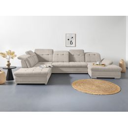 Wohnlandschaft COTTA "Holiday U-Form mit Sitztiefen-, Armteil- und Kopfteilverstellung", beige, B:386cm H:86cm T:265cm, 100% Polyester, Sofas, Wohnlandschaft, wahlweise mit Bettfunktion & Bettkasten